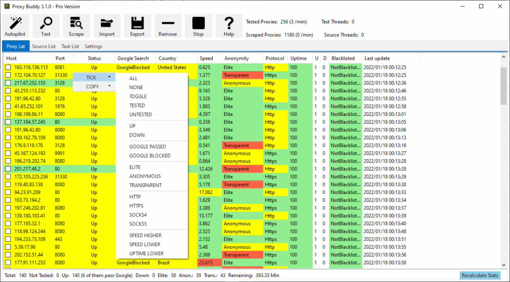 Proxy Buddy - Lista de proxy Menú contextual - GSoftwareLab